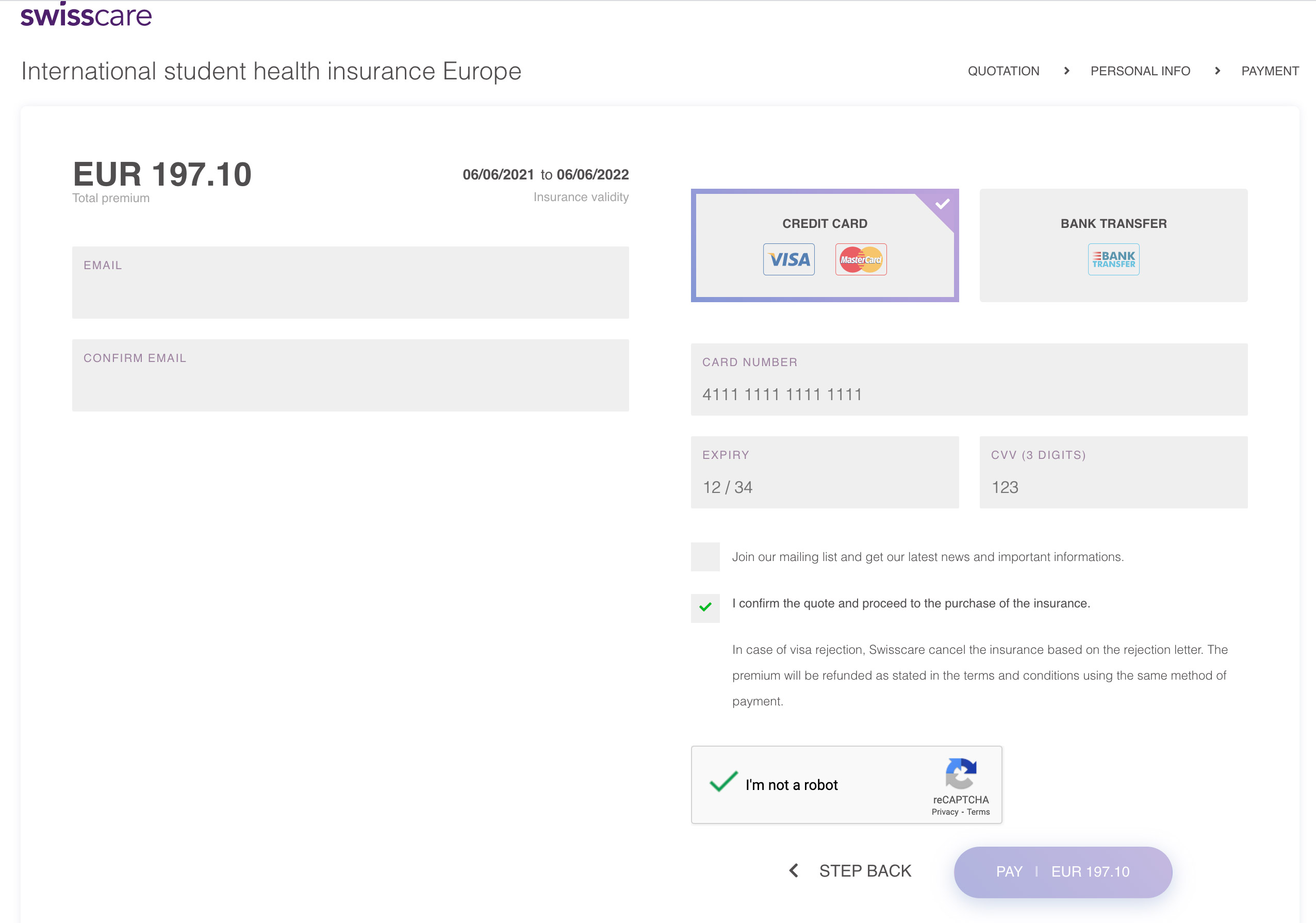 راهنمای گام به گام خرید بیمه دانشجویی سوئیس کر (swisscare) با کارت های ...